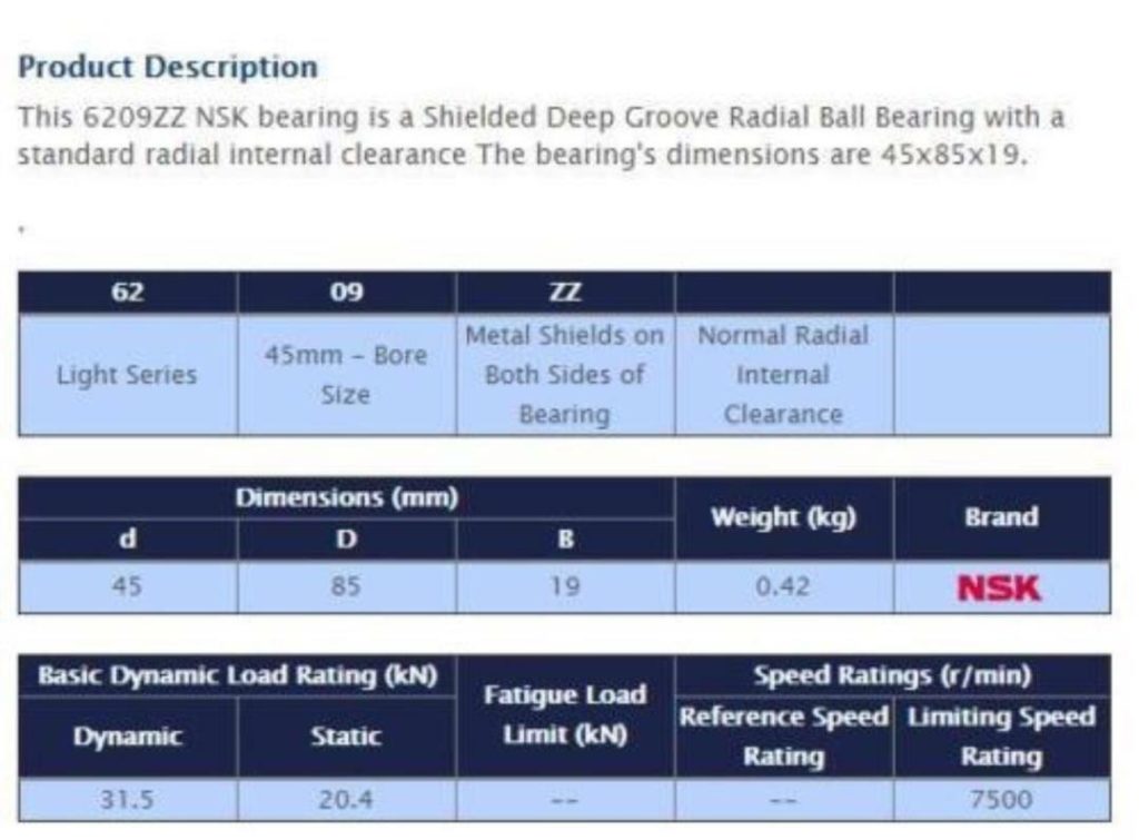 6209 ZZ C3 E NSK Deep Groove Radial Ball Bearing 45x85x19mm ...